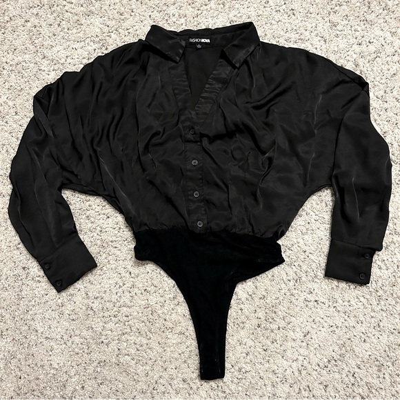 Fashion Nova | Tops | Black Silky Button Up Bodysuit | Poshmark